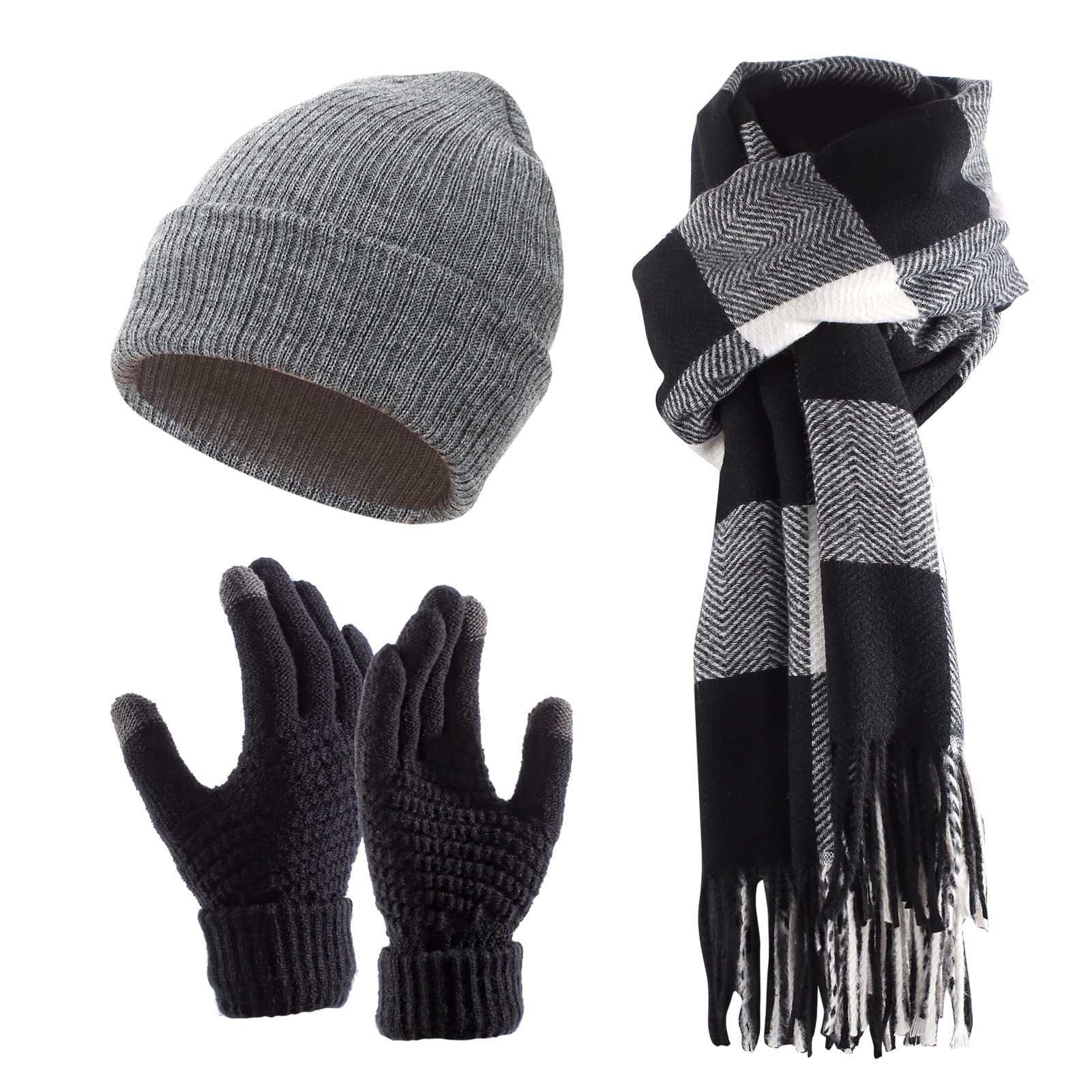 Black Plaid Full Cover Winter Warm Set, Scarf Beanie Hat Screen Gloves for Men Women