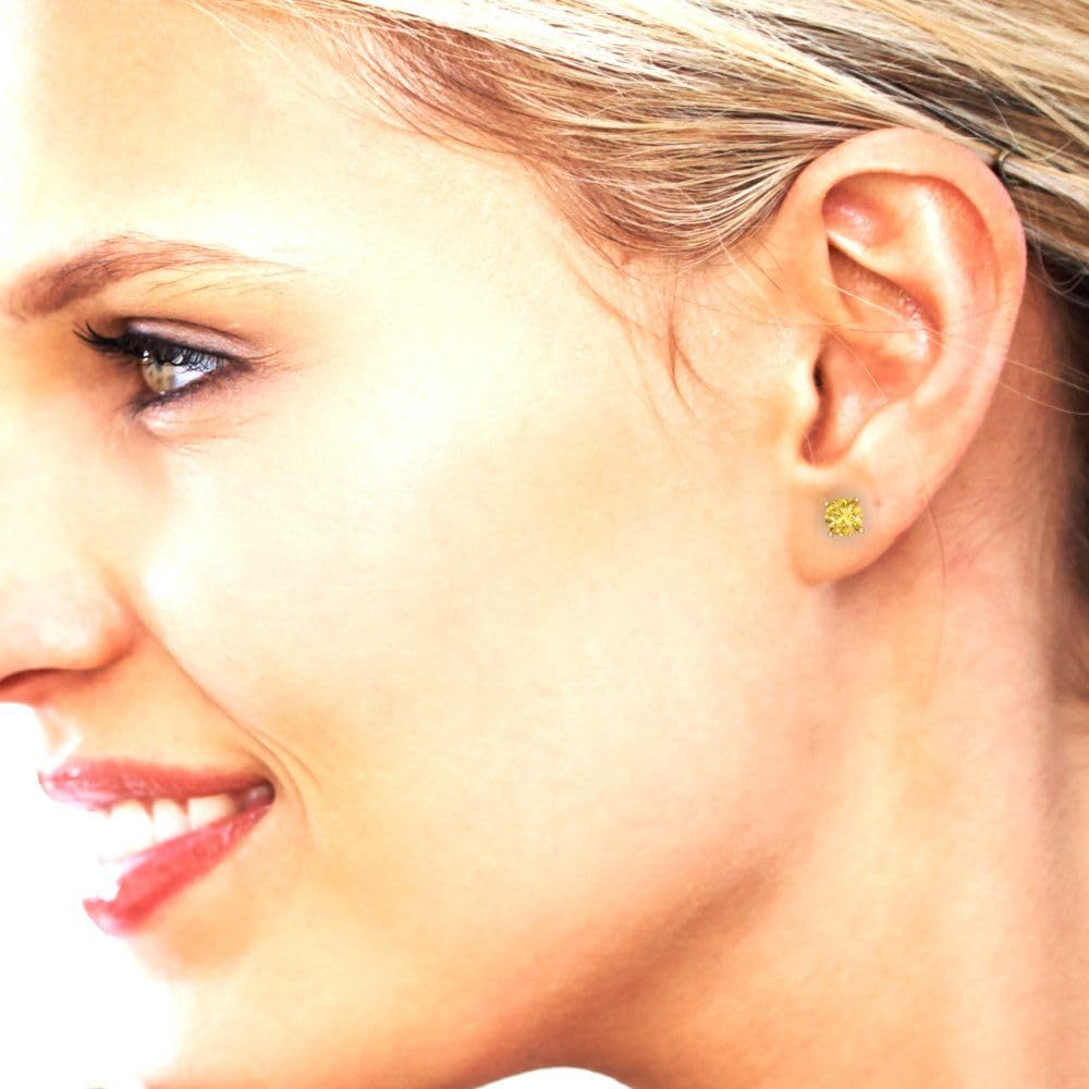 Clara Pucci 1.94cttw Round Cut Solitaire Genuine Canary Yellow Simulated Diamond Unisex Pair of Stud Earrings 14k Yellow Gold Push Back