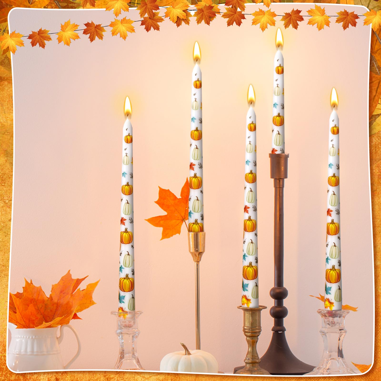 Conelist 6 Pcs Fall Taper Candles 10" Pumpkin Leaves Decorative Holiday Taper Candles Thanksgiving Candles Decorations Autumn Tall Candlesticks for Dinner Table Home Fall Thanksgiving Party Decor