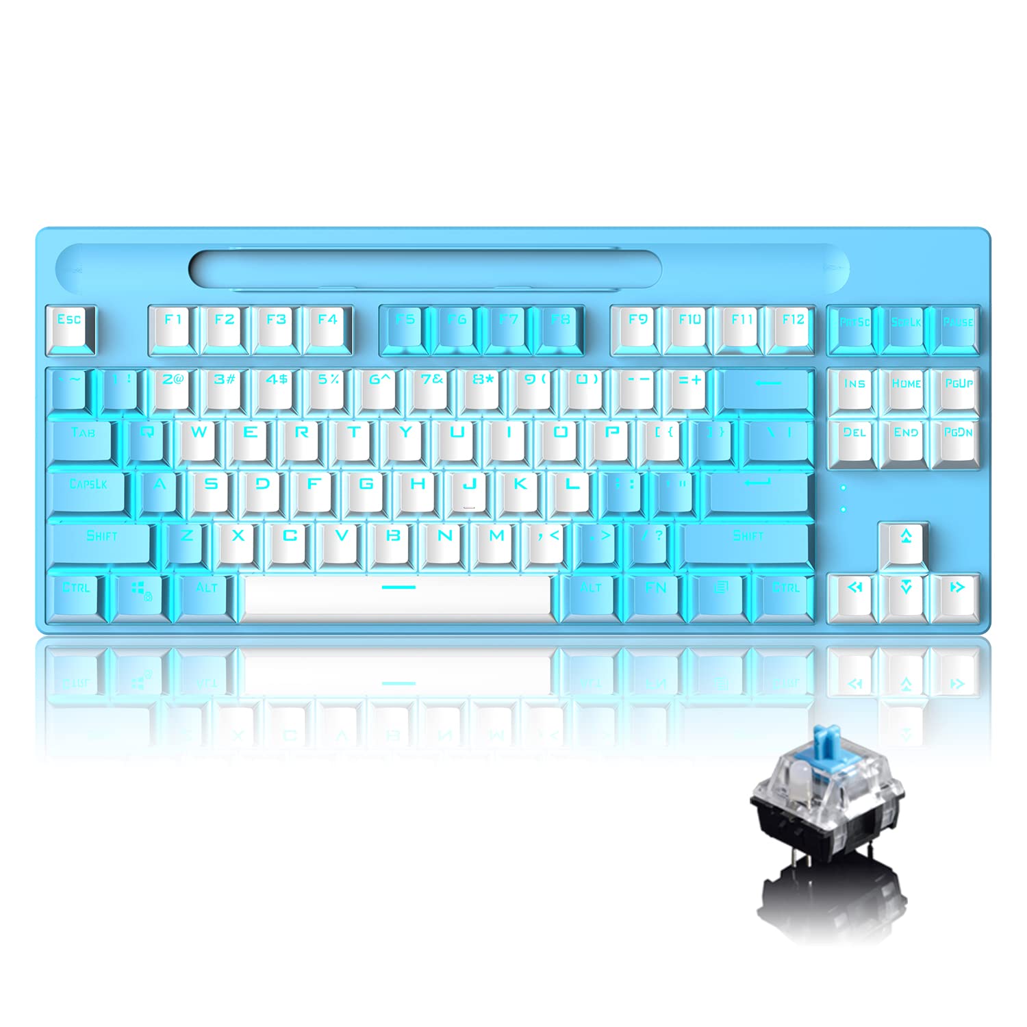 Bluetooth Mechanical Gaming Keyboard with LED Backlit 87 Anti-Ghosting Key Ergonomic Metal Plate Wired/Wireless 2.4Ghz USB Receiver Rechargeable 3300mAh Battery for PC Mac Gamer (Red Mix/Blue Switch)