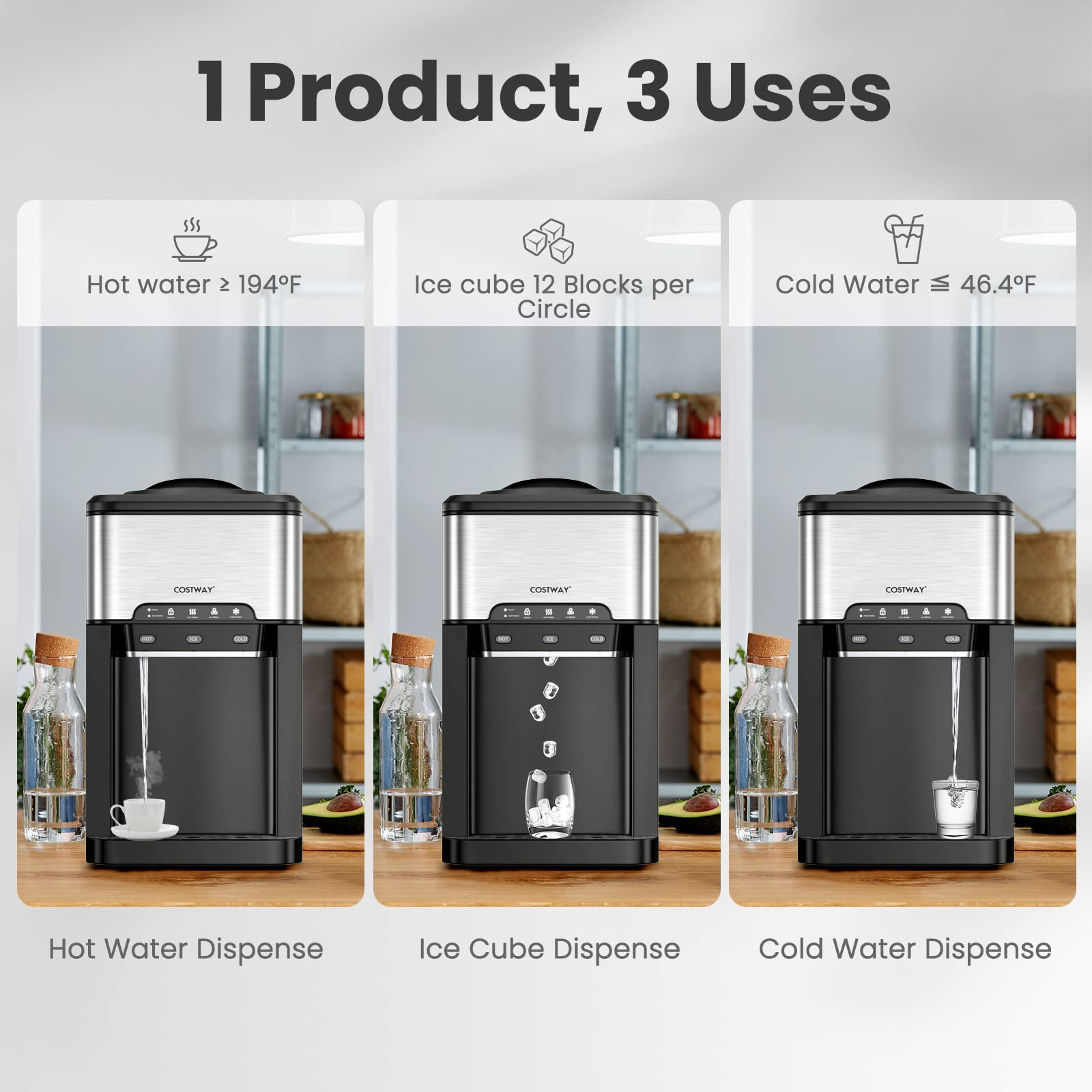 COSTWAY Water Dispenser with Ice Maker, Hold 3-5 Gallon Bottle, 3-in-1 Countertop Top-Loading Hot Cold Water Cooler Machine for Home Office, Safety Lock, 48Lbs/24H, 12 Cubes, 4Lbs Storage Basket