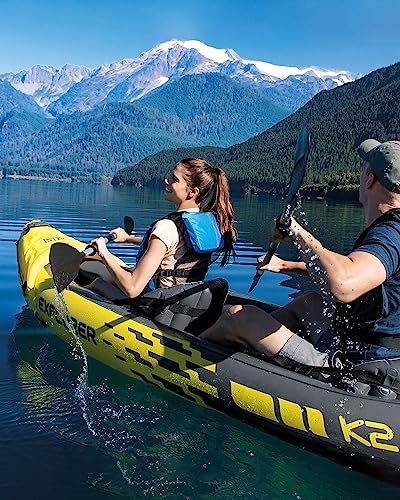 INTEX 68307EP Explorer K2 Inflatable Kayak Set: Includes Deluxe 86in Aluminum Oars and High-Output Pump β SuperStrong PVC β Adjustable Seats with Backrest β 2-Person β 400lb Weight Capacity
