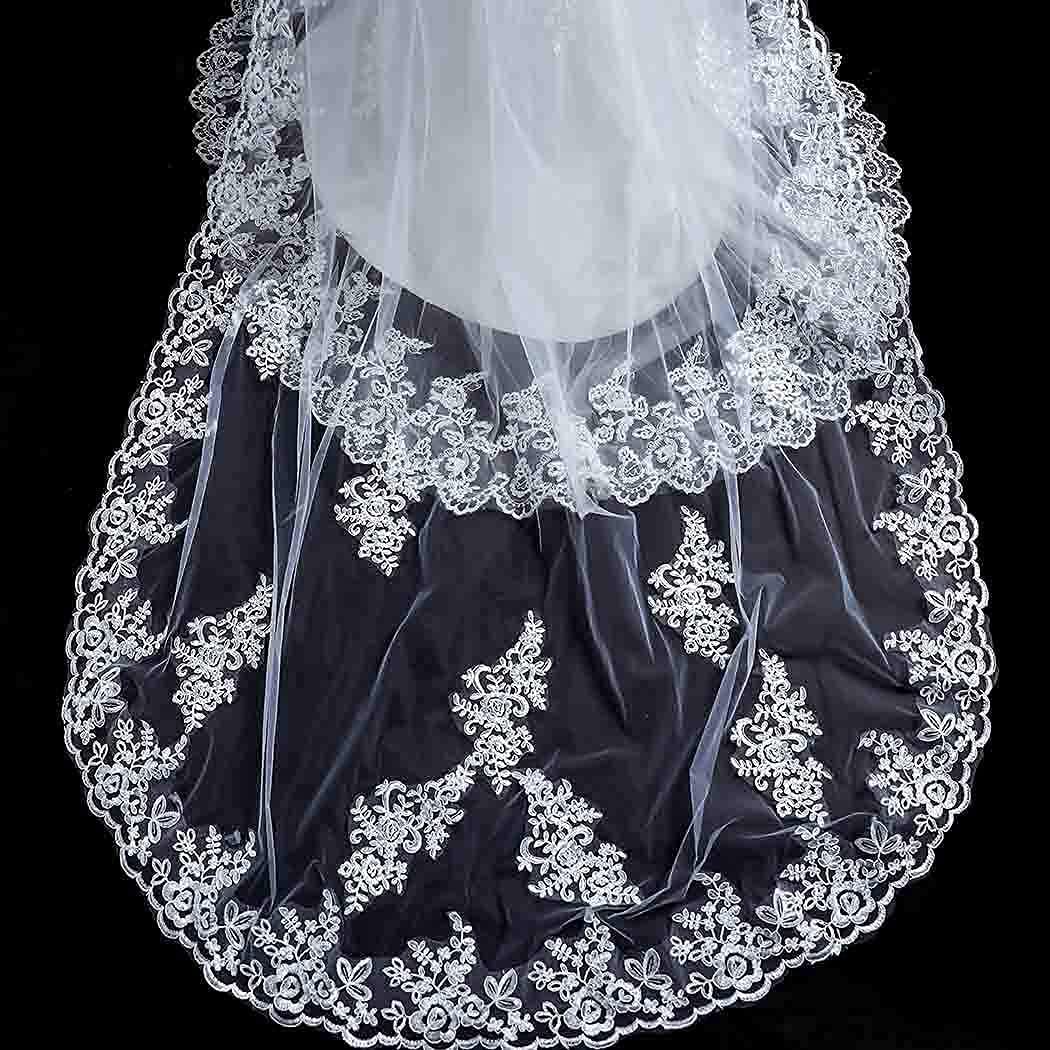 Bmirth 1 Layer Bridal Wedding Veil Cathedral Long Length Lace Bride Tulle Hair Accessories With Comb for women Floral 118" Veil Headpeice (White)