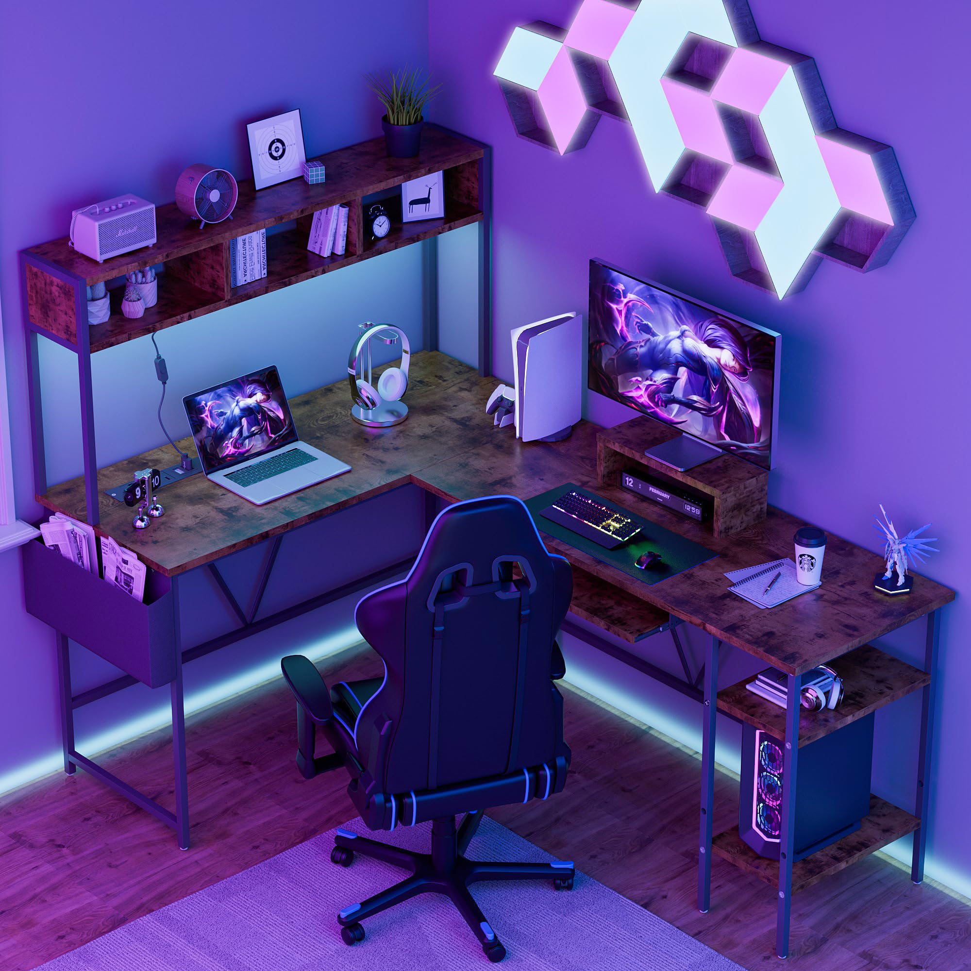 Homall L Shaped Gaming Desk with Power Outlets&LED Lights, Reversible Corner Computer Desk with Monitor Stand, Keyboard Tray, Shelves, Storage Bag, 67'' PC Table for Office Workstation (Rustic Brown)