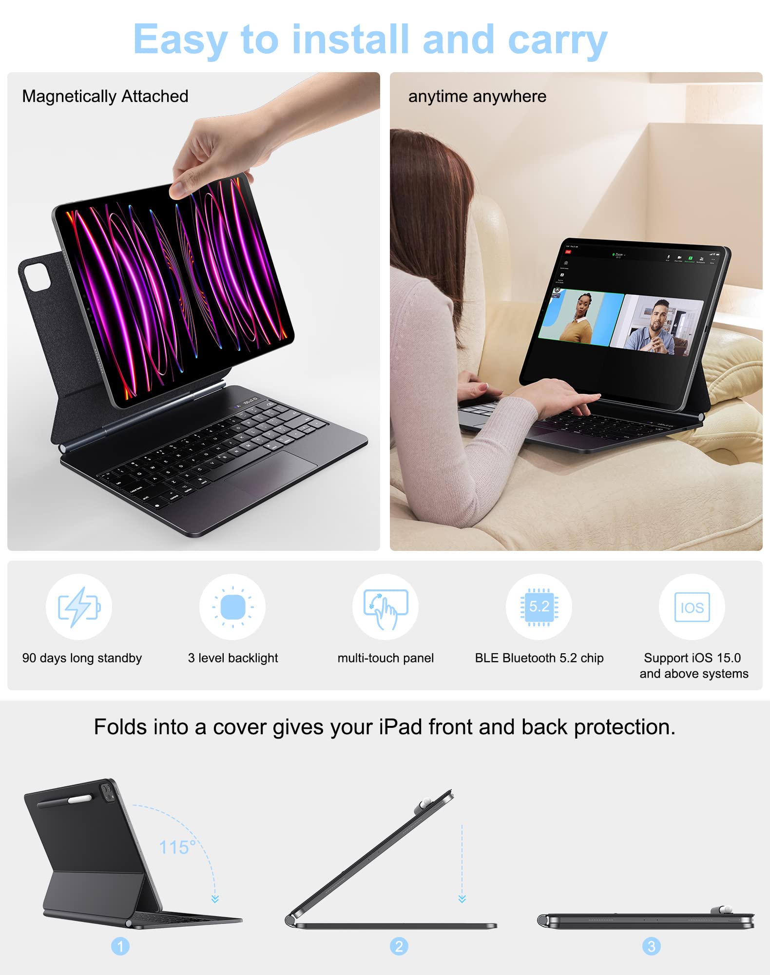 DBFNIA Magnetic Keyboard Case Compatible with iPad Pro 12.9 6th Generation 2022, [Smart Wake-up][Sensitive Touch] Wireless Keyboard Touchpad Cover with Pen Holder for iPad Pro 12.9 5/4 Gen, White