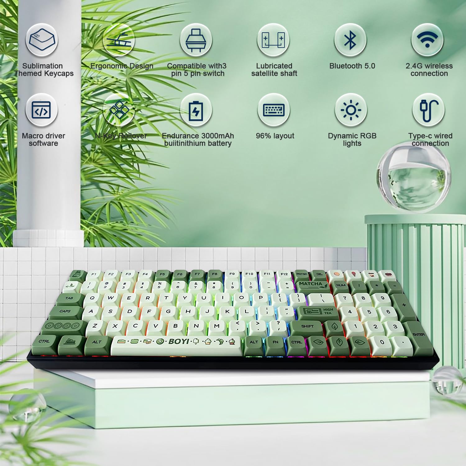 BOYI TK96 96% RGB Hot Swappable Triple Mode Keyboard,2.4Ghz/BT 5.0/Wired Keyboard N-Key Rollover Compact Gateron Yellow Switch Mechanical Gaming Keyboard(Zoological&Botanical Gardens XDA Keycaps)