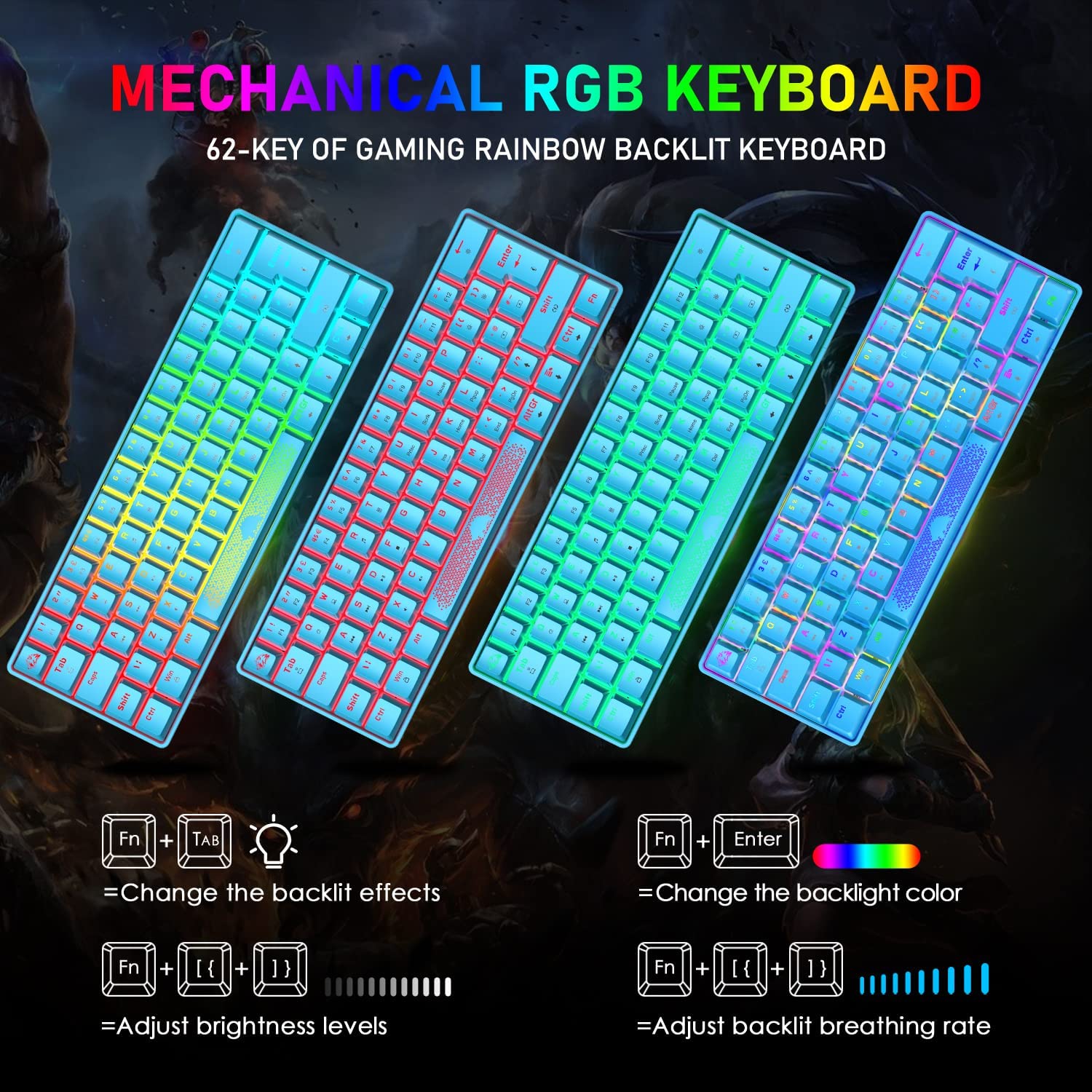 GK61Pro Mechanical Gaming Keyboard and Model Mouse Combo,Wired 18 Chroma RGB Backlit 62key Anti-ghosting Honeycomb Gaming Mouse 12000 DPI Ergonomic for Windows PC Gamers Typists(Blue/Blue Switch)