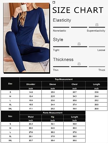 Ekouaer Thermal Underwear for Women Fleece Lined 2 PCS Long Johns Slim fit Top & Bottom Base Layer Navy Blue M