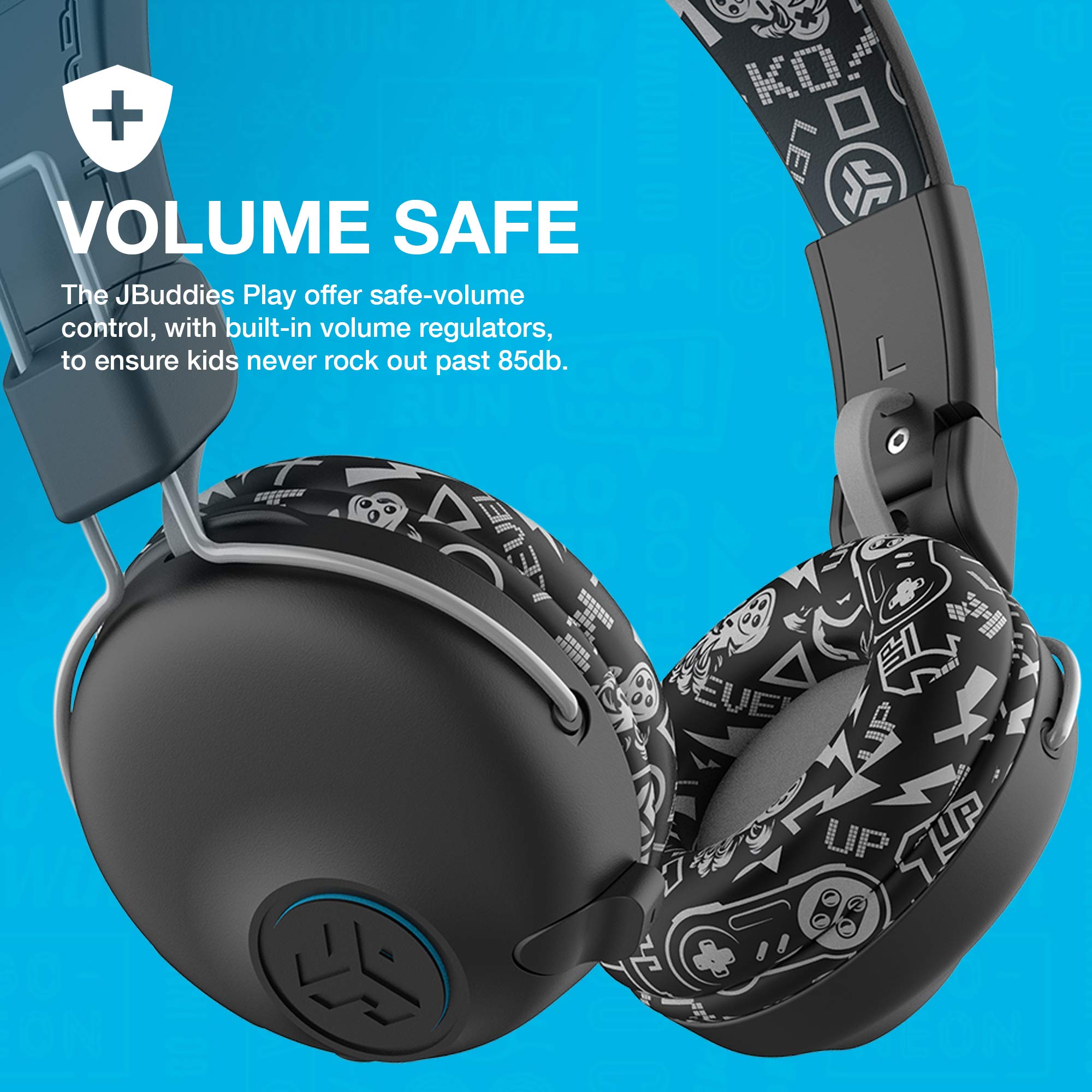 JLab JBuddies Play Gaming Wireless Kids Headset, Black, 22+ Hour Bluetooth 5 Playtime 60ms Super-Low Latency for Mobile Gameplay, Retractable Boom Mic, AUX Cord Compatible w/Gaming Consoles