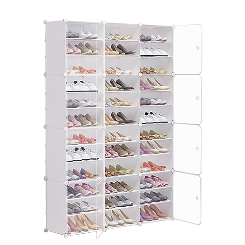 DYRABREST Portable Shoe Rack Enclosed Shoe Organizer, 72 Pairs DIY Shoe Cabinet, White Plastic Closet Shoe Organizer with Transparent Door, Free Standing Shoe Rack Expandable for High Heels, Boots
