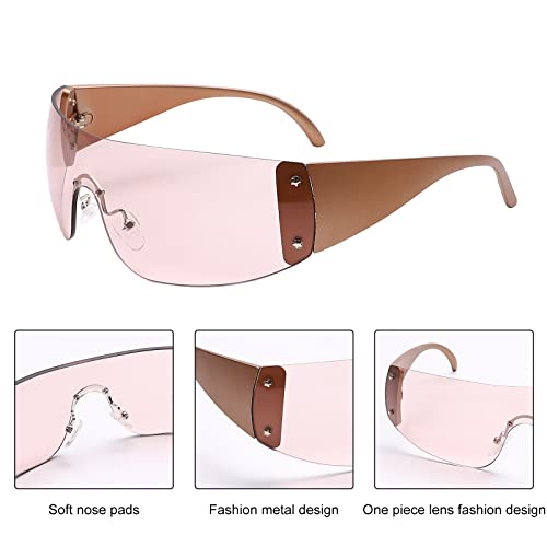 GUVIVI Y2K Sunglasses For Women Men Fashion Shield Rimless Wrap Around Sunglass Gradient Lens Y2K Trendy Sun Glasses