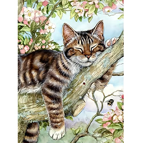 QUITEDEW Diamond Painting Cat Kit,Flower Diamond Art Kits for Adults,Tree Paint with Diamonds Round for Gift,Wall Decor(12x16)