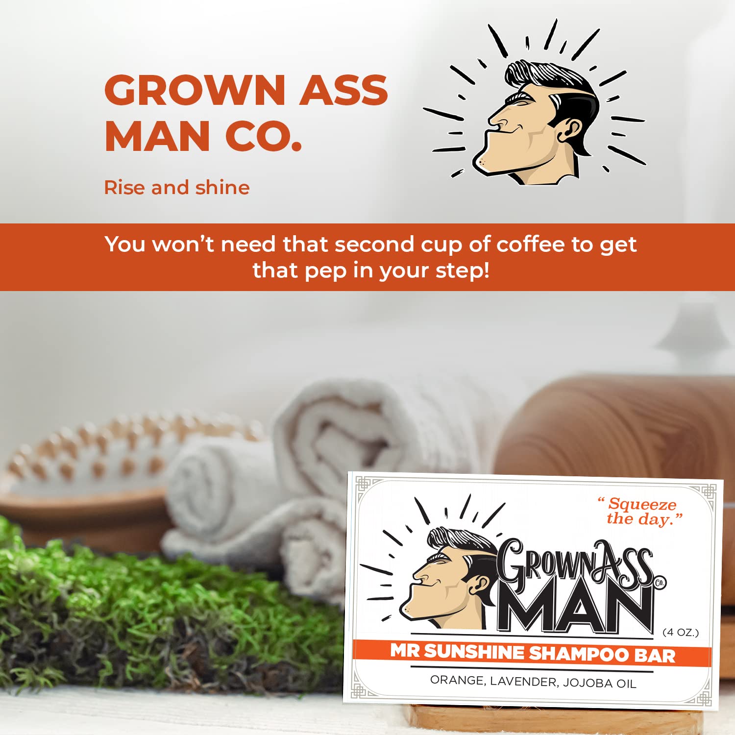 Grown Ass Man Co. - Solid Shampoo Bar Rich Lather 3 in 1: Hair, Beard & Body Wash - Plastic Free & Eco-Friendly, Natural & Organic Clean for All Hair Types, 4oz Bar (Mister Sunshine, Single)