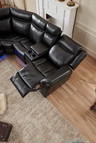 Elountik Symmetrical Power Reclining Sectional Sofa with LED Strip, Storage Console, Cup Holders with Built-in USB Charging Port; Home Theater Power Reclining Sofa Couch (Power Reclining Black)