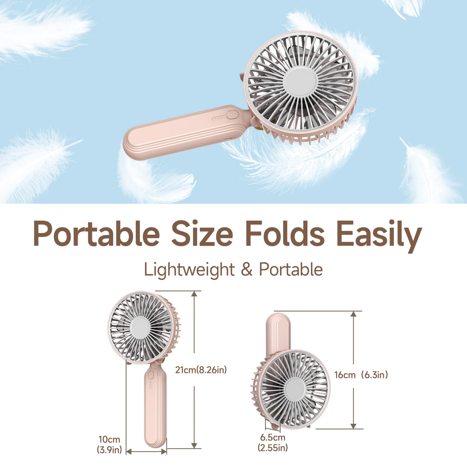 WIXAS Handheld Fan, Mini Portable Foldable Fan, Pocket Battery Rechargeable Hand Fan, for Travelling and Eyelash Fan 2000Ah(Pink)