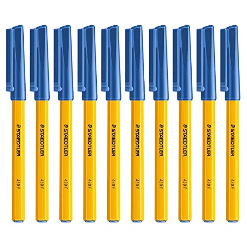 STAEDTLER Fine 0.3mm Blue 430 Stick Ballpoint Pens Writing Pen Smooth Efortless Ink Flow Regulated (Pack Of 10)