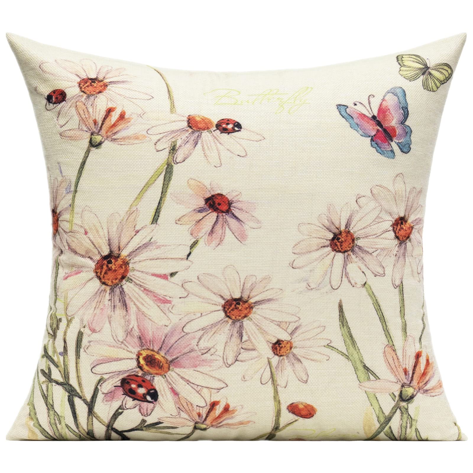 WOKANI Spring Outdoor Throw Pillow Covers 18x18 Set of 4 Decorative Cushion Cases for Patio Bench Couch Sofa Home Garden Decor,Butterfly Flower Floral Ladybug Lavender
