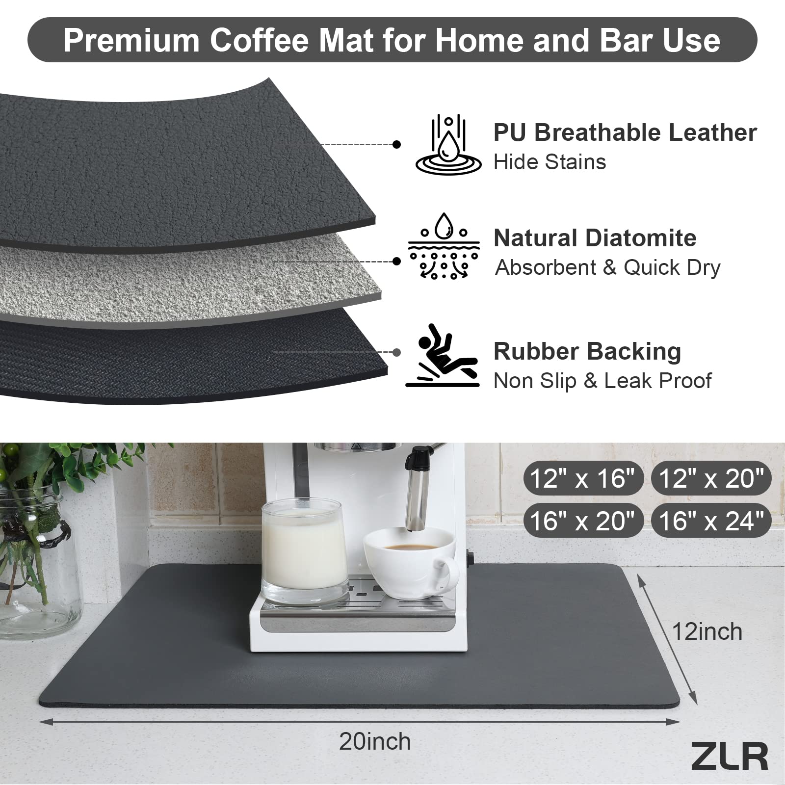 ZLR Coffee Mat - 12" x 20" Middle Kitchen Absorbent Mat for Countertop - Easy to Clean Coffee Bar Mat for Coffee Machine, Coffee Maker, Espresso Machine - Gray