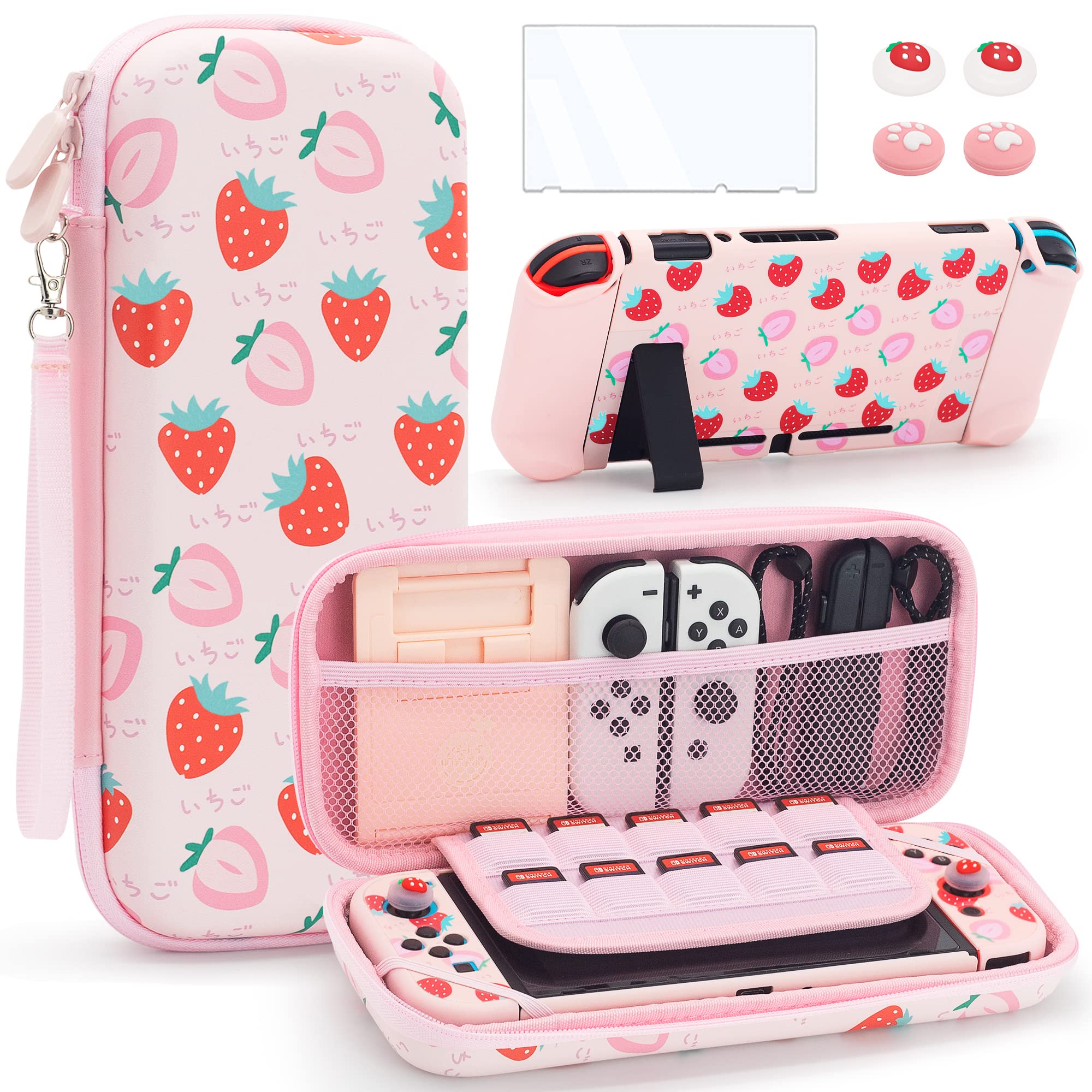 BRHE Cute Carrying Case Compatible with Nintendo Switch with Dockable Protective Cover/Tempered Screen Protector /Thumb Grip Caps,Pink Accessories Bundle for Girls