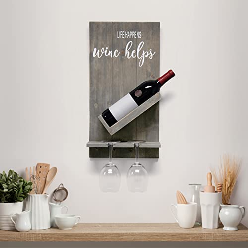 Elegant Designs HG1016-RGY Lucca Quote Saying “Life Happens Wine Helps” Wooden Bottle Shelf with Glass Holder Wall Mounted Wine Rack, Rustic Gray