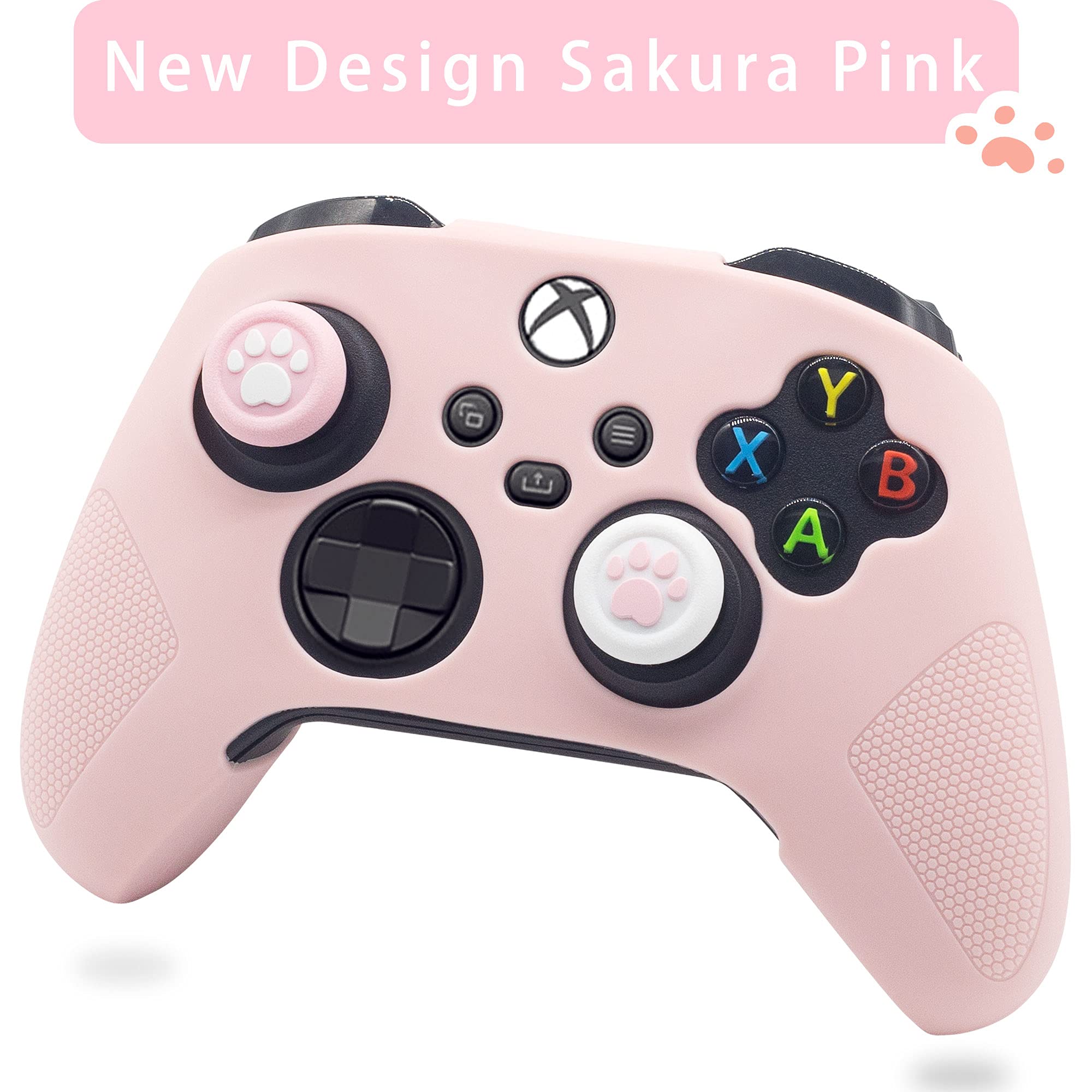 BRHE Cute Skin Cover for Xbox One / Series X/S Controller Anti-Slip Silicone Grip Protective Case Accessories Set Wireless/Wired Gamepad Joystick with 2 Cat Paw Thumb Grips Caps (Pink)