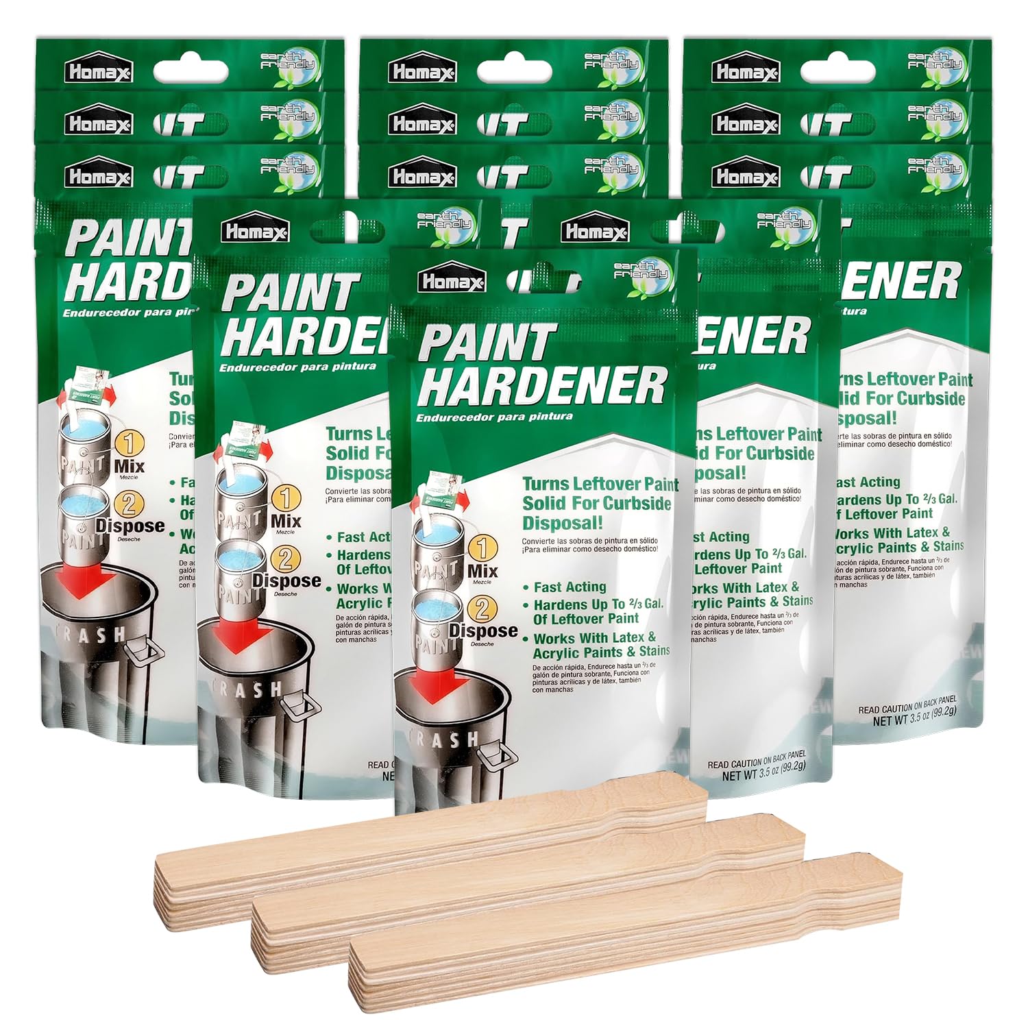 HOMESPHERE Homax Waste Away Paint Hardener, 12 Packs, 3.5oz – Fast Acting Paint Solidifier for Disposal - Paint Drying Powder for Acrylic & Latex Paint with 25 Pcs. of 14 Inch Wooden Stir Sticks