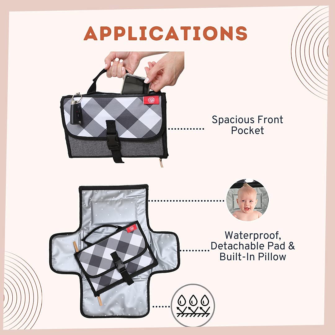 BYG Ideas Portable Diaper Changing Pad, Black Gingham