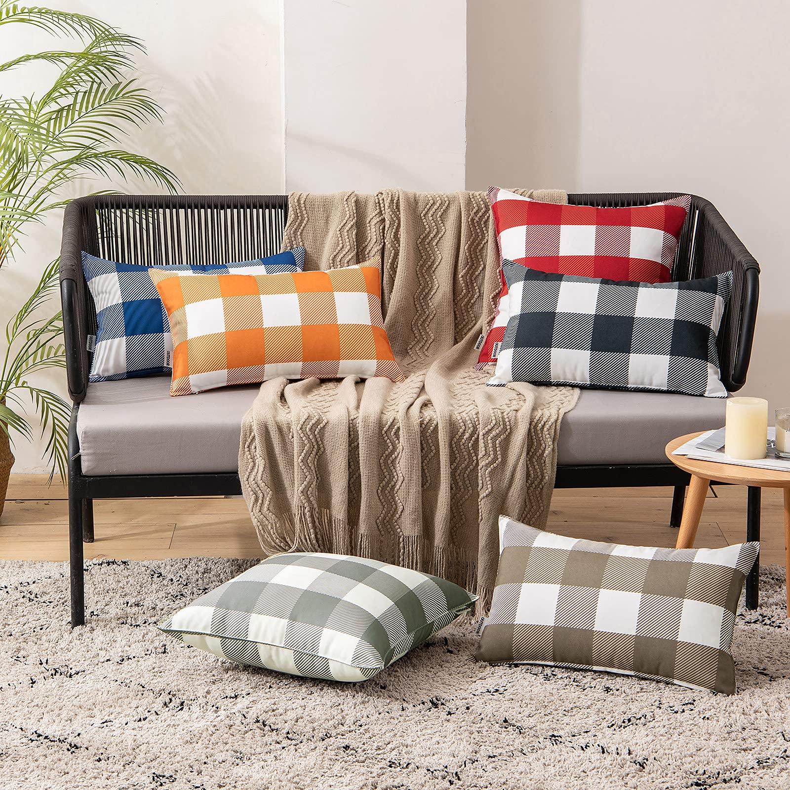 MIULEE Plaids Pillow Covers Checkered Throw Pillow Covers Outdoor Waterproof Decorative Pillowcases Set of 2 for Sofa Couch Living Room Patio Garden 12x20 Inch, Brown and White