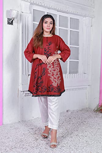 IshDeena Indian Kurtis for Women Indian Style Cotton Tunics Womens Tops Summer Embroidered (Small, Mehroon)