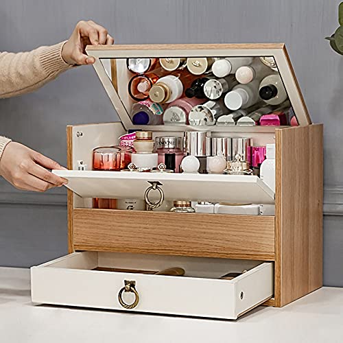 Makeup Organizer Wooden Cosmetic Storage Cases Display Rack with Drawer Makeup Organizer Case for Brushes Lipsticks Skincare Toner Cosmetic Storage Box