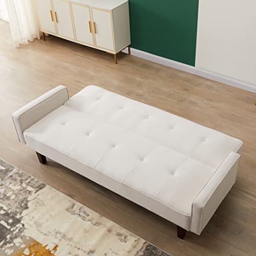 Eafurn Button Tufted Futon Bed, Modern Convertible Loveseat, Comfy Upholstered Folding Sofa & Couches with Armrest for Apartment, Compact Sofabed, Beige 74.8" Linen w/Wooden Legs