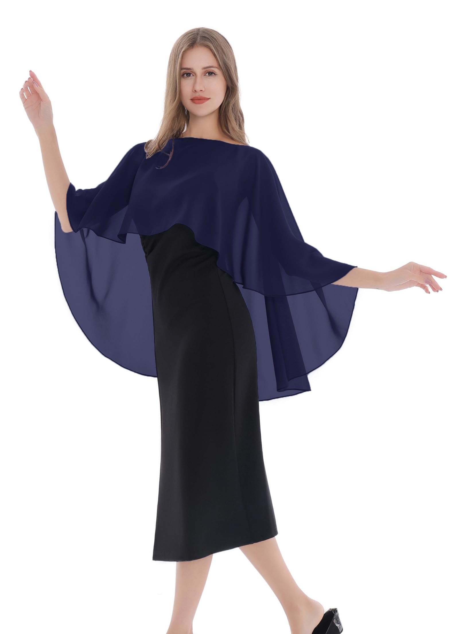 Baoqiya Women's Capelet Shawls and Wraps for Evening Dresses Soft Bridesmaid Shawl Chiffon Cape Wedding Cover Up(Navy)