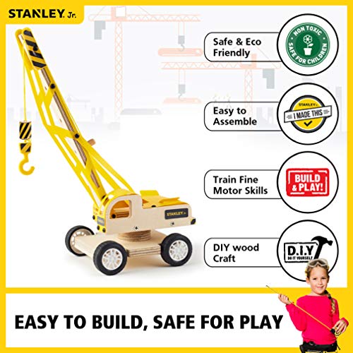 Stanley Jr. STANLEY Jr DIY Yellow Lifting Crane Kit for Kids - Easy Assembly Crane Building Kit - Wood Crane Toy Craft - Wood, Paint & Decals Included