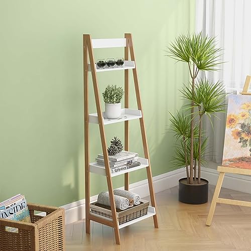 Heliosphere 4-Tier Ladder Bookcase with Solid Bamboo Frame, Versatile Wood Oxford βAβ Frame Ladder Display Bookcase with 4 Open Shelves, Display Bookshelf for Home Office Living Room (White2)