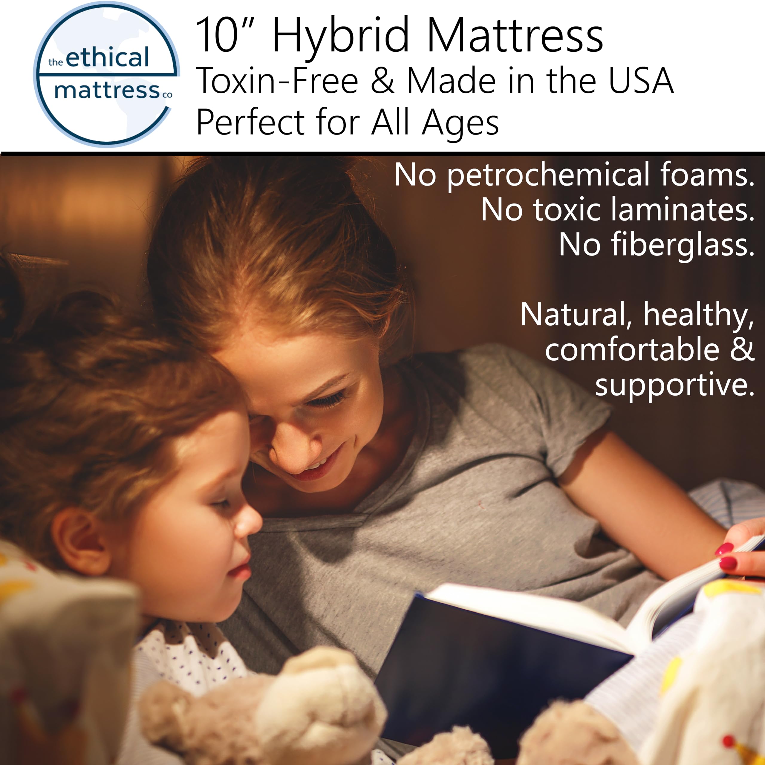 Ethical Mattress CO 10" Toxin-Free Hybrid Mattress, Made in USA with Organic Cotton, Wool, Latex & Pocketed Coils (Mattress-in-a-Box) Comfortable & Supportive for All Ages - Full Size