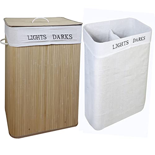 Double Laundry Hamper with Lid, Divided Laundry Basket with Cotton Handles, Bamboo Hamper with Liner for Laundry Room, Bedroom, 153L