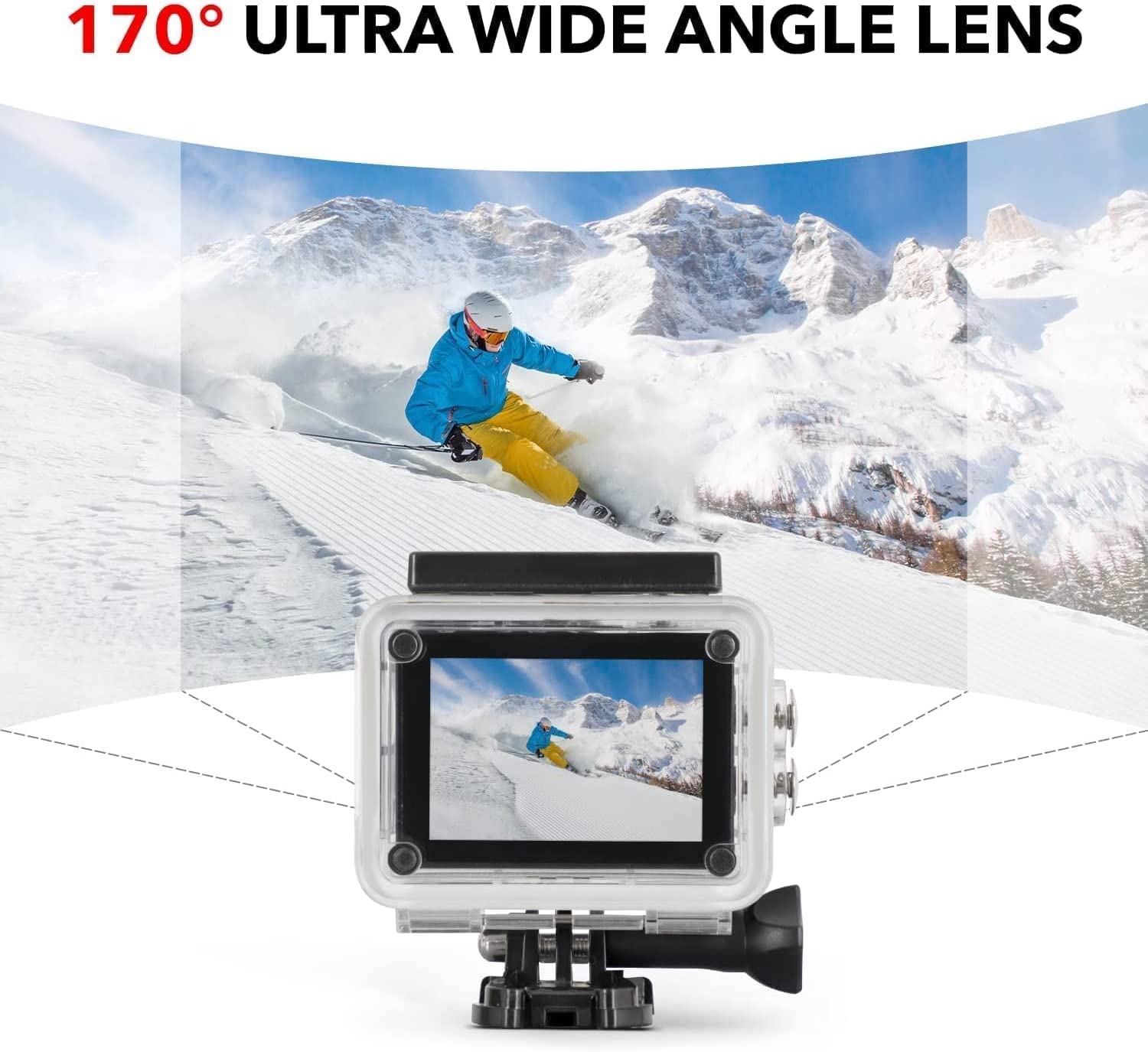 bockstone Action Camera 4K Ultra HD Camera, EIS Sports Camera Underwater 30M Waterproof 170° Wide-Angle Lens, 1 1050mAh Batteries and Installation Kit.