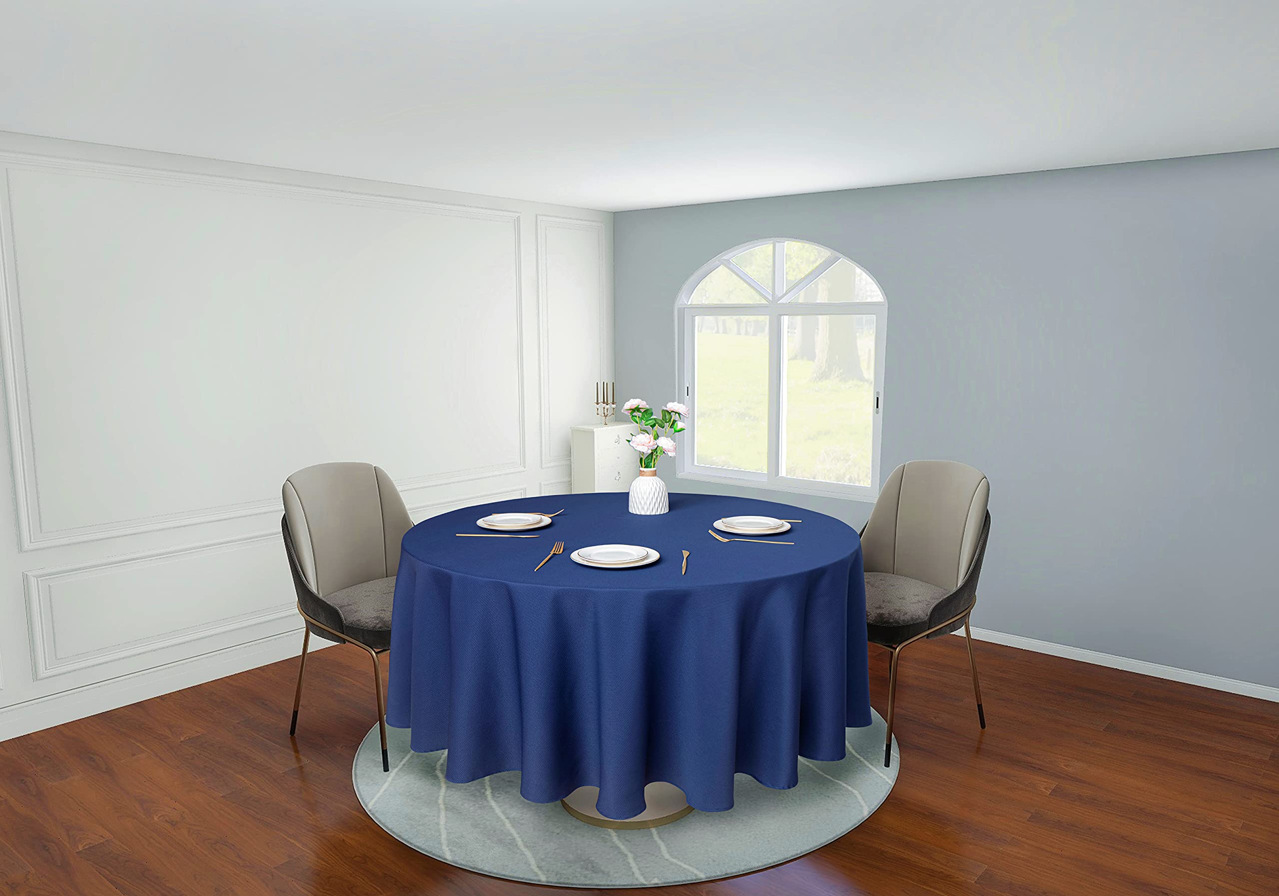 Biscaynebay Textured Fabric Tablecloths 108" Round for Tables' Diameters from 48" to 72", Navy Water Resistant Washable Tablecloths for Dining, Kitchen, Wedding & Parties etc.