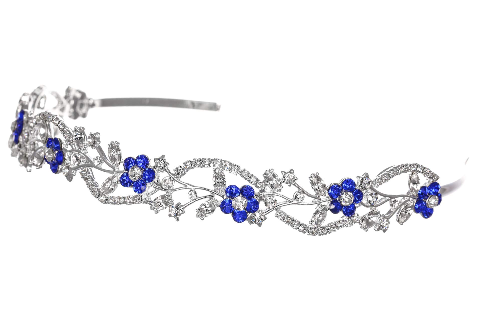 Bridal Flower Rhinestones Crystal Wedding Headband Tiara - Blue Crystal Silver Plated T1164