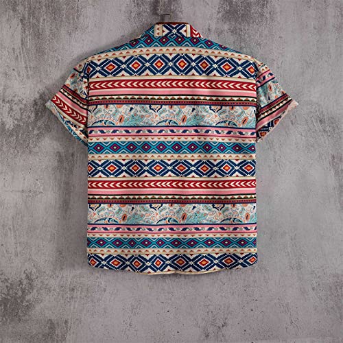 Casual Men's Loose Lapel Print Color Contrast Short Sleeve Button Striped Shirt Beach Hawaiian Summer Top Red