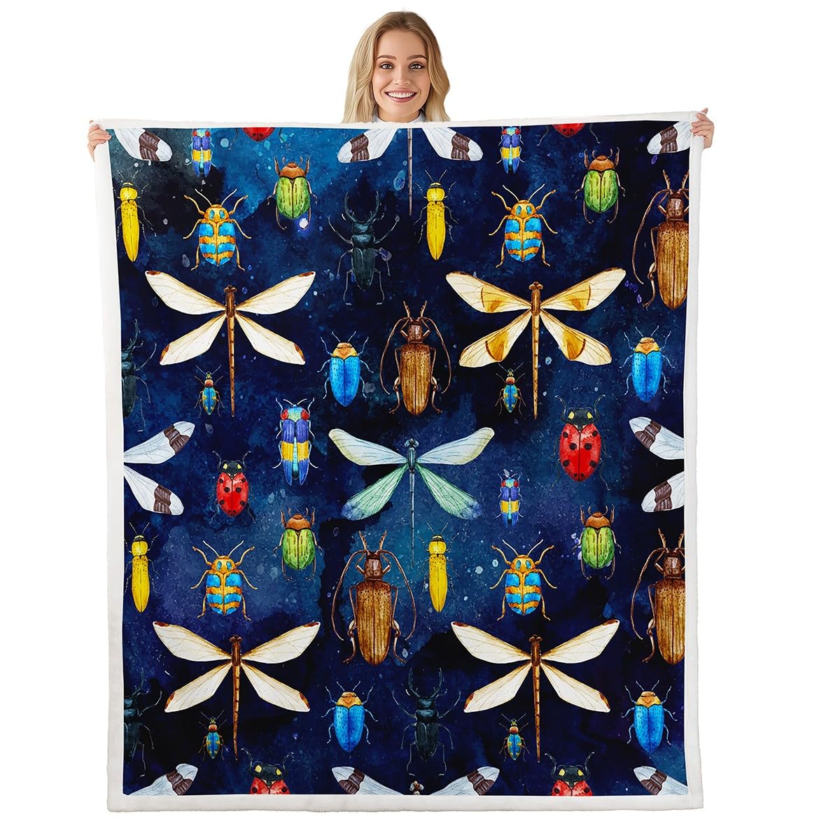 Homewish Dragonfly Blankets Colorful Ladybug Entomology Throw Blanket for Kids Boys Girls Room Decor Nature Animals Themed Fleece Blanket Navy Blue Sherpa Blanket,for Chair/Sofa,50"×60"