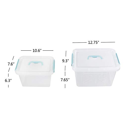 Gloreen 12 Quart&6 Quart Clear Storage Bins with Lid and Mint Green Handle, Multipurpose Stackable Plastic Storage Latches Box/Containers