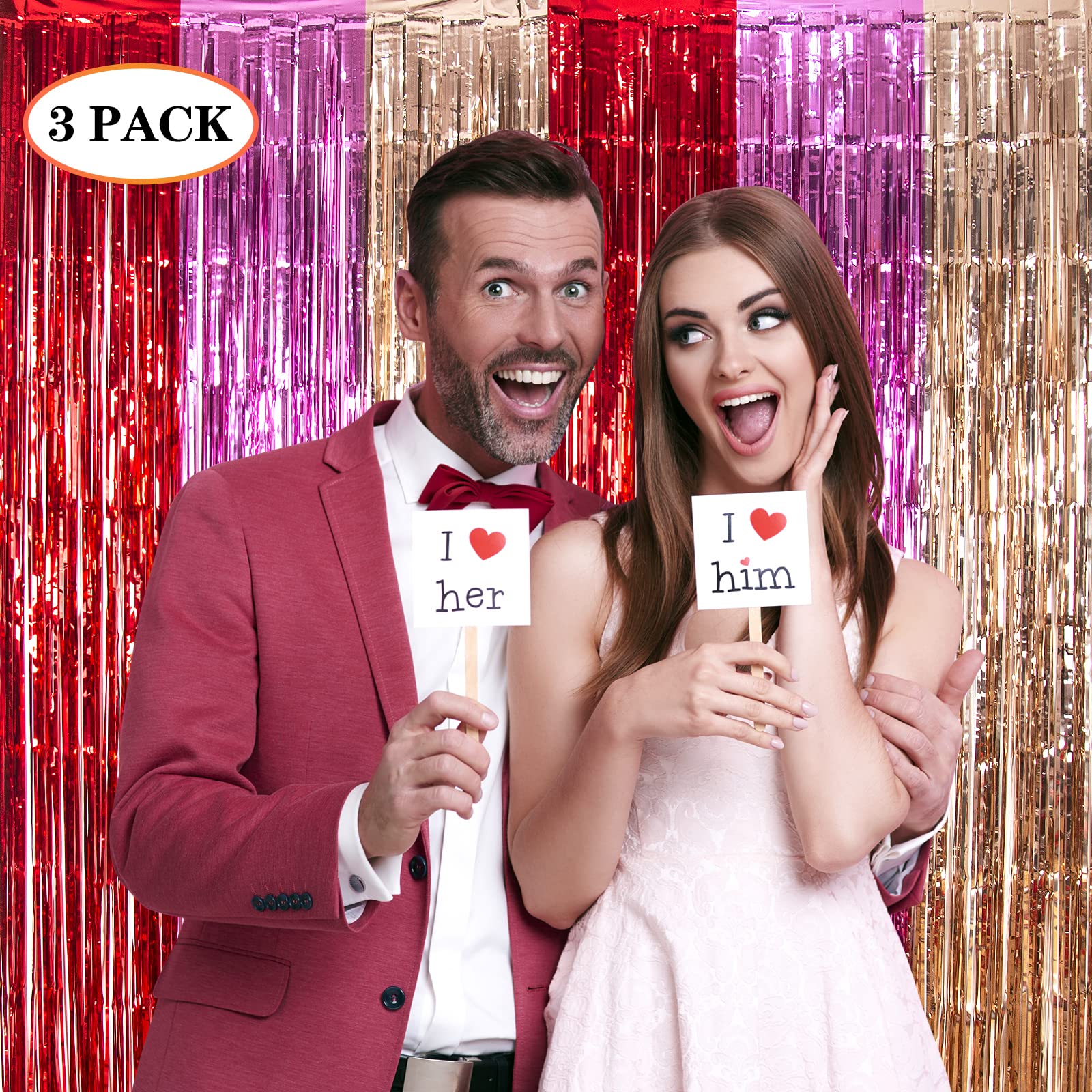 LOLStar 3 Pack Valentine's Day Photo Booth Props Valentines Day Party Decorations 3.3X6.6 ft Red Pink and Champagne Gold Foil Fringe Curtains Backdrop Streamers for Valentine's Day Decor