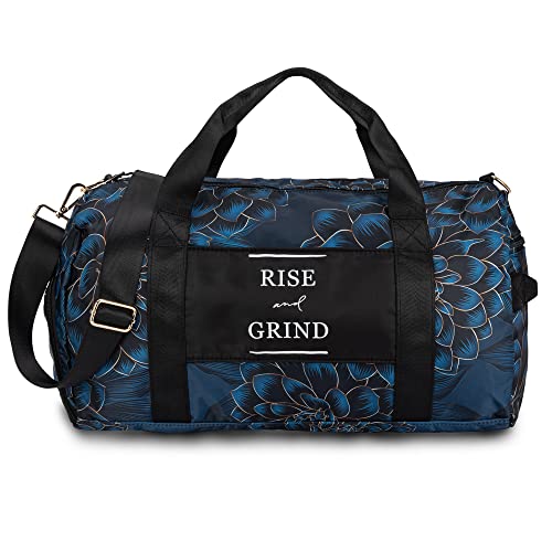 Gym Bag for Women with Shoe Compartment and Wet Pocket | Durable Lightweight Gym Duffle Bag with Motivational Quote and Graphic Designs | Great for Exercise and Overnights | Teal/Black - Dahlia Flower