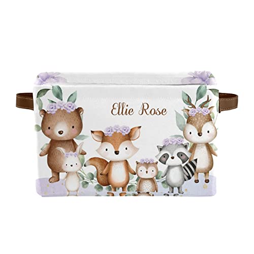 Woodland Animals Purple Flower Personalized Storage Bins,Foldable Baskets Organizer with Handle for Nursery Pet Toy Clothes Box 1 Pack