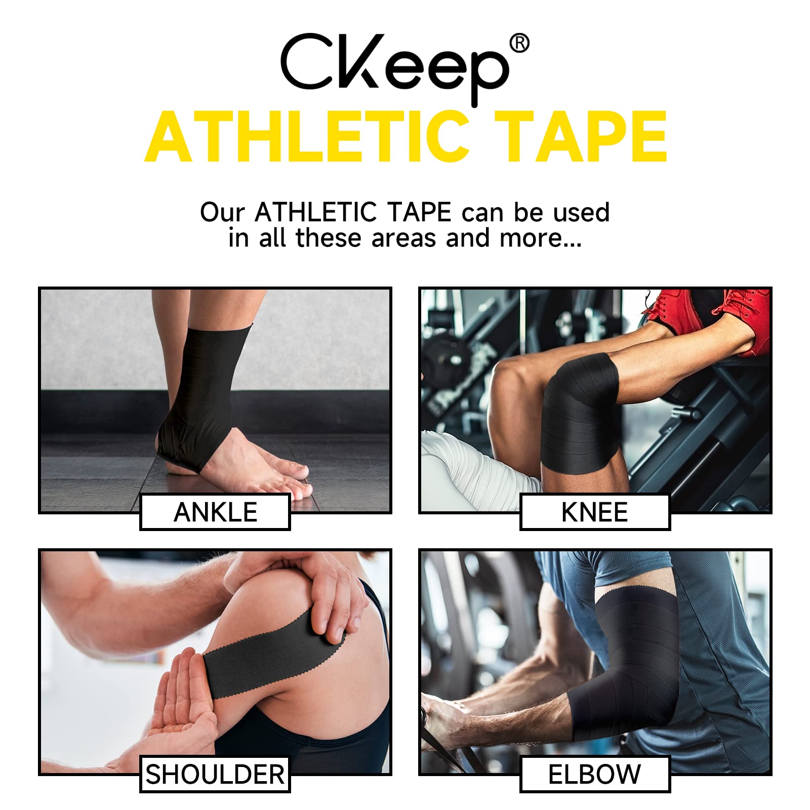 CKeep Athletic Tape, 45ft Per Roll, Easy to Tear and No Residue, Sport Tape for Strains and Sprains, Hypoallergenic and Breathable (3 Black)