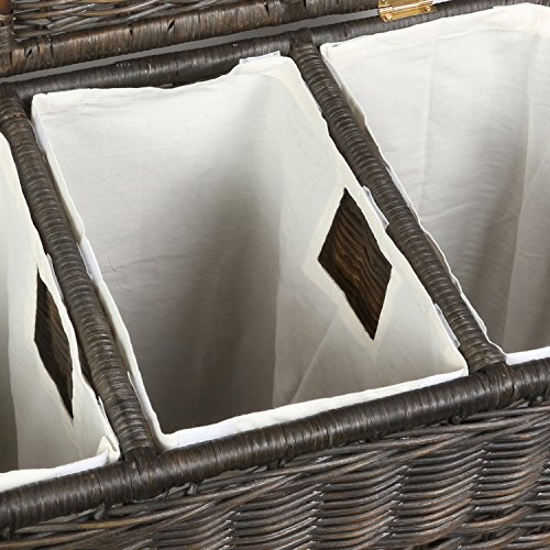 The Basket Lady 3-Compartment Wicker Laundry Sorter Hamper, 30 in L x 15 in W x 28 in H, Antique Walnut Brown