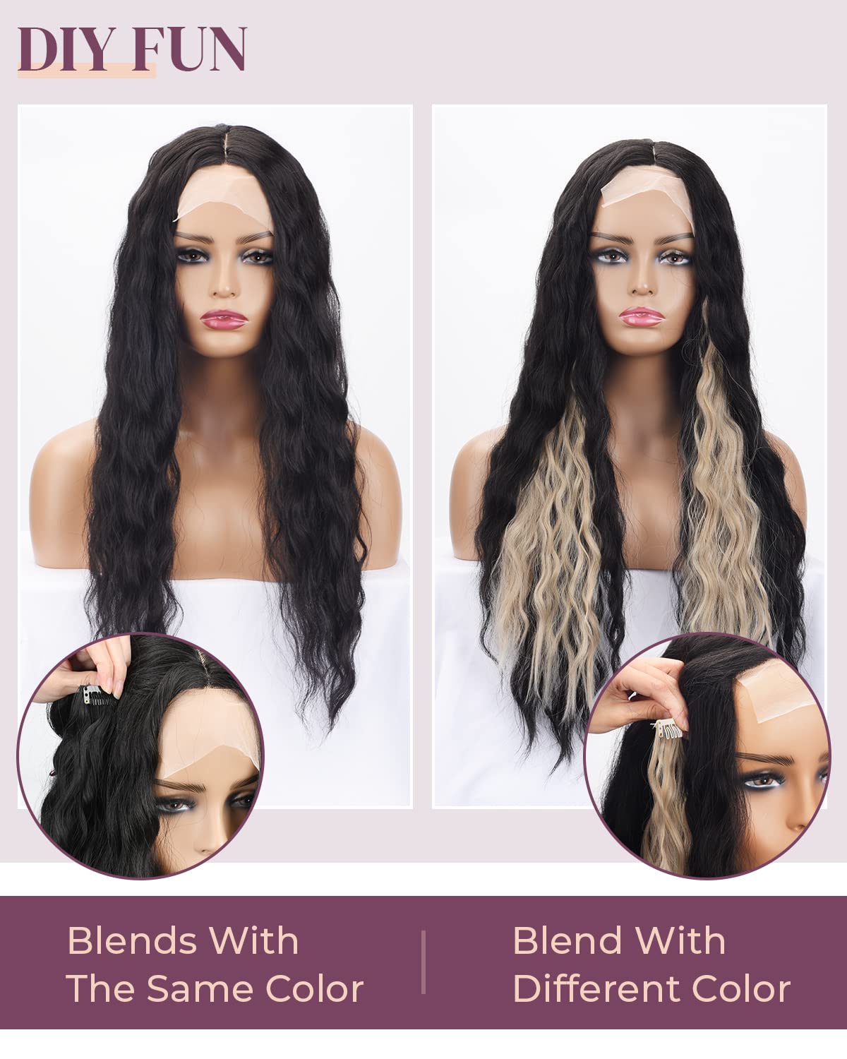 LONAI Clip In Hair Extensions, 6PCS 24" Black Hair Extensions Long Mermaid Waves Wavy Synthetic Clip On Hairpiece For Women(Black)
