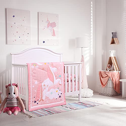 UOMNY Crib Bedding Set for Girls - Pink Baby Nursery Bedding Sets 3 Pieces Crib Quilt Comforter Fitted Crib Sheet Toddler Pillowcase Soft Star Baby Bedding Set