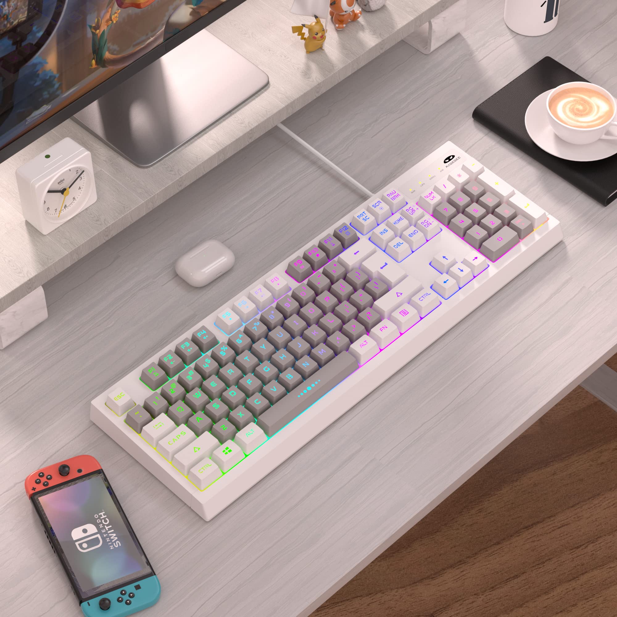 Camiysn Mute Gaming Keyboard, 7 Colorful Rainbow Backlight Classic Armor 104Keys Gaming Keyboard with Waterproof Gaming Keyboard for PC/Laptop - Grey White